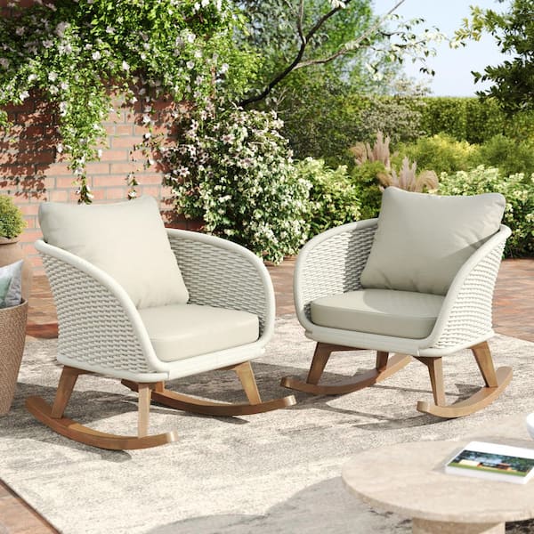 (Set of 2) Contemporary Minimalist Beige Wicker Outdoor Rocking Chair ...