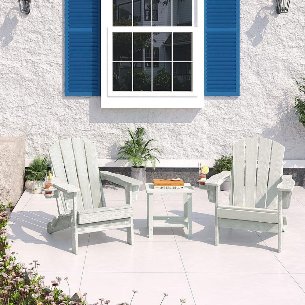 Folding Adirondack Chair with Cup Holder, Wood Texture HDPE Outdoor ...