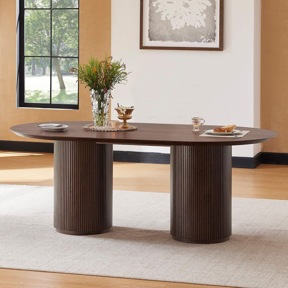 Spruce & Spring Blake Walnut 79 in. Oval Double Pedestal Dining Table Seat 6-8 with Self ...