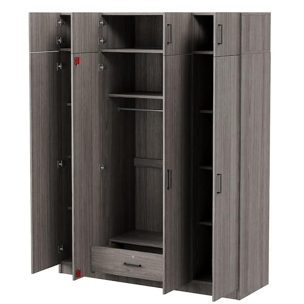 Gray 59.2 in. 4 Door Wooden Wardrobe Armoire with Shelves 1 Drawer 1 Hanging Rod Top Cabinet