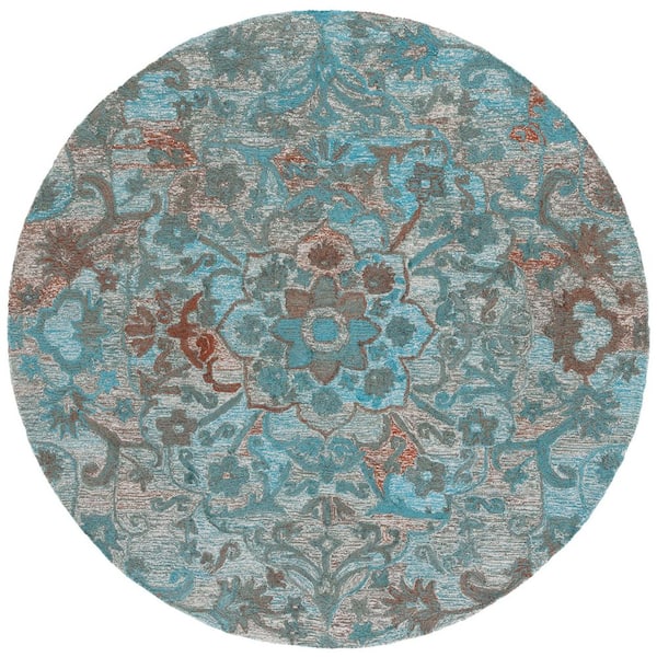 SAFAVIEH Anatolia 6 ft. x 6 ft. Turquoise/Brown Floral Medallion Round ...