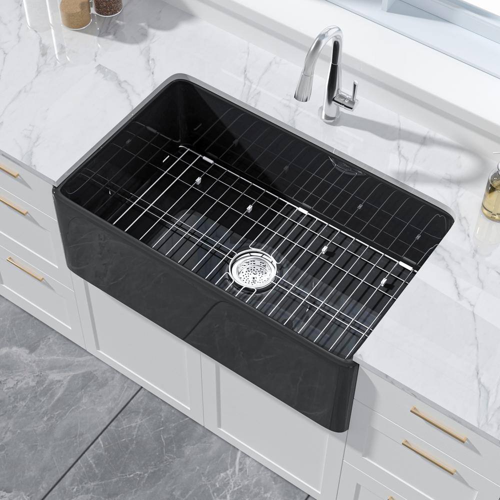 HOMLYLINK Farmhouse Kitchen Sink 30 in. Apron Front Single Bowl Black ...