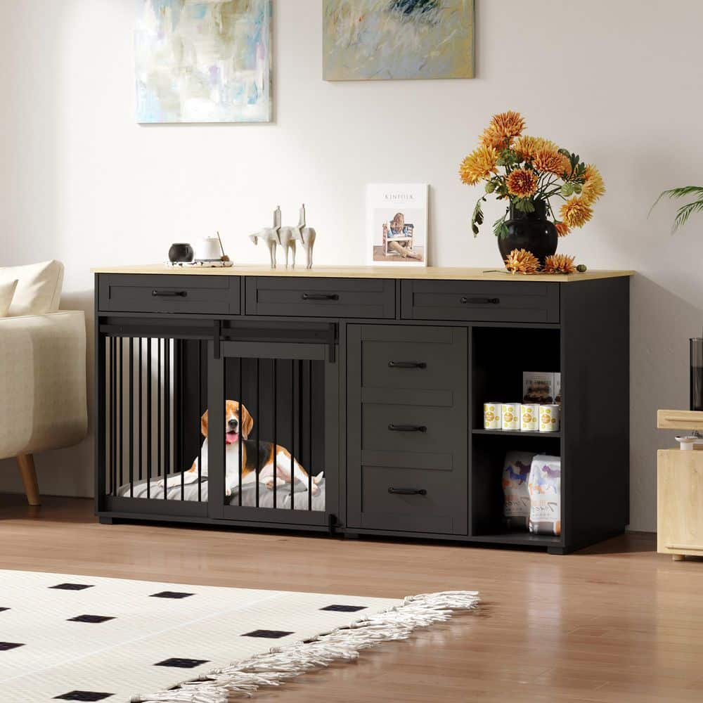 FUFU&GAGA Indoor Furniture Style Dog Cage, Large Wooden Dog House with 3-Drawer, 2-Compartment ...