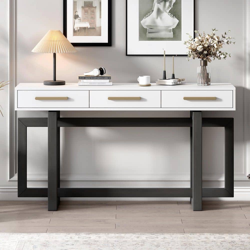 JUJABU 57 in. White Rectangle MDF Console Table with Three Drawers for ...