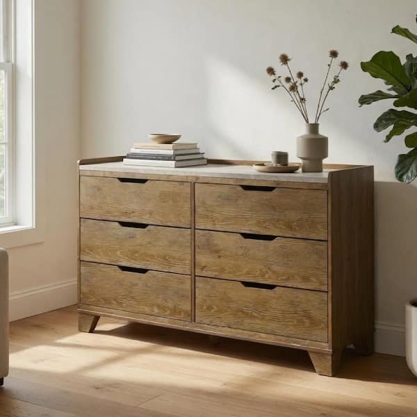 Benjara Nolan Medium Oak Brown 6 Drawer 57.5 in. Wide Dresser with Faux ...