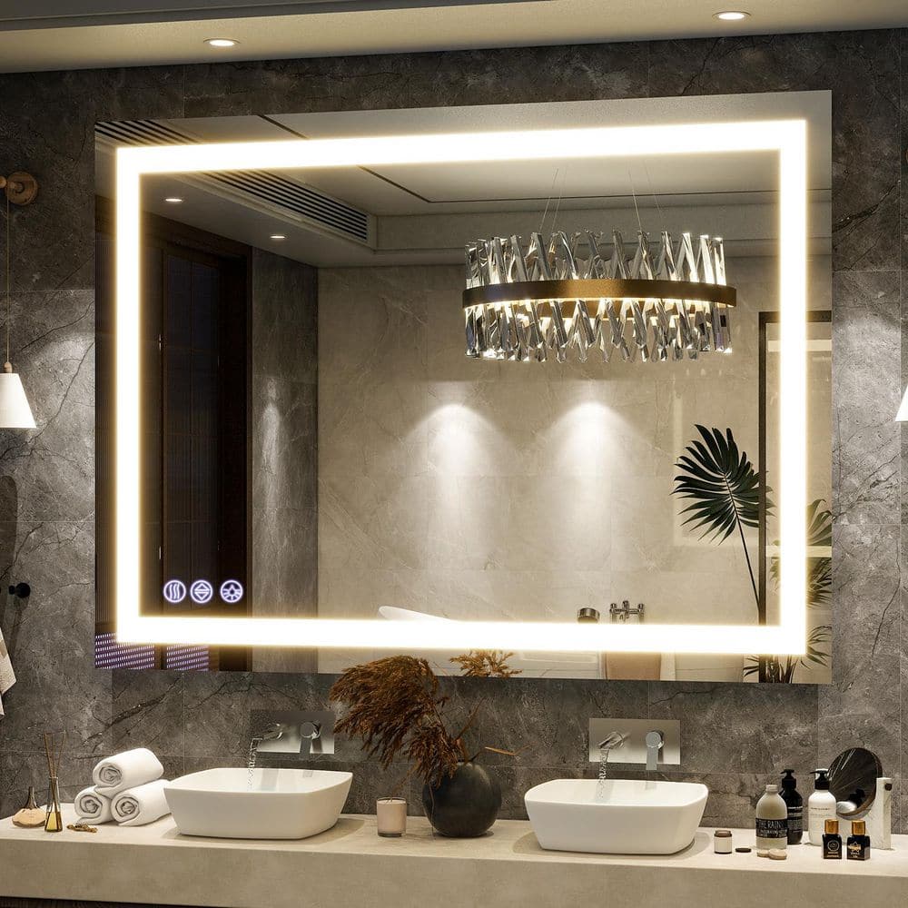 XRAMFY 30 in. W x 40 in. H LED Light Anti-Fog Rectangular Modern Frameless White Wall Mirror ...