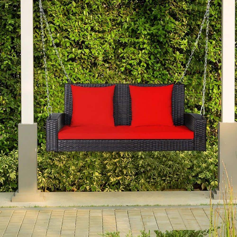 Zeus & Ruta 2-Person Red Metal Patio Rattan Porch Swing with Cushions ...