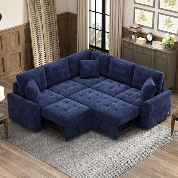 Nestfair 82.6 in. L Shaped Velvet Pull out Sectional Sofa Bed in Navy Blue with Wheels USB Ports and Power Sockets LS0030C