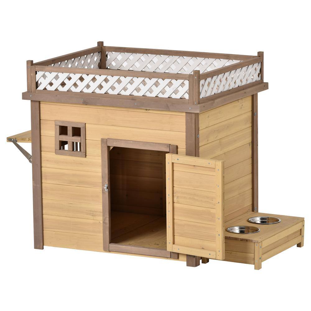 FORCLOVER 31.5 in. W Outdoor Wooden Dog House Crate with Feeder and ...