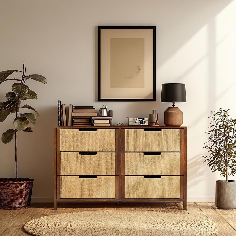 LuxenHome Walnut Finish MDF Wood with Rope Front 6-Drawer 47.24 in. W ...