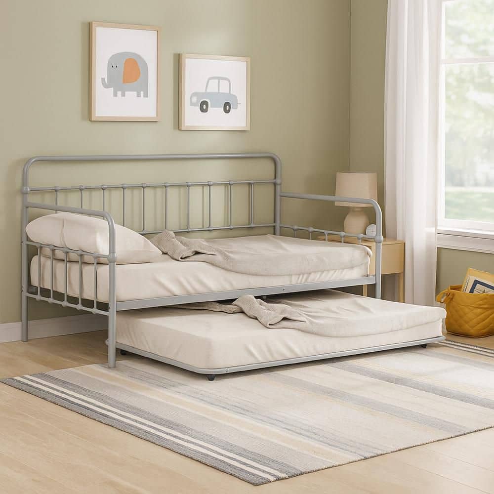 Benjara Tes Classic Silver Metal Open Frame Twin Daybed with Pull Out ...