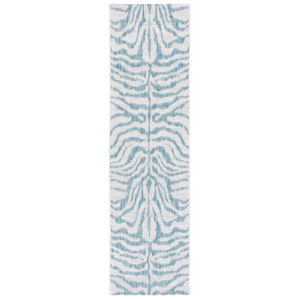 SAFAVIEH Courtyard Ivory/Aqua 2 ft. x 8 ft. Zebra Indoor/Outdoor Runner ...