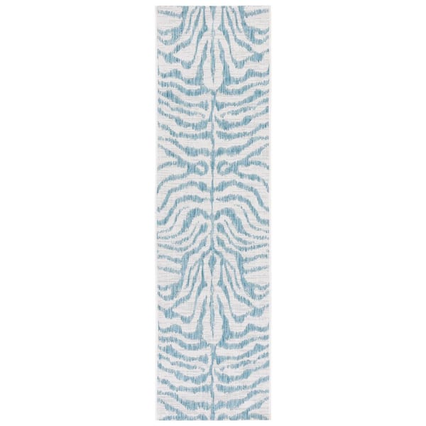 SAFAVIEH Courtyard Ivory/Aqua 2 ft. x 8 ft. Zebra Indoor/Outdoor Runner ...