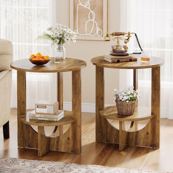 TRIBESIGNS WAY TO ORIGIN 2-Tier Round Brown End Table with Storage ...