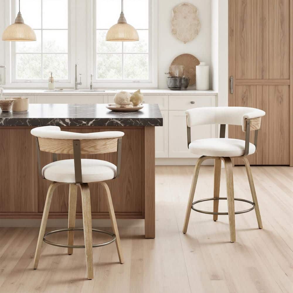 Art Leon PIVOT 26.38 in. Seat Height Beige Fabric Swivel Bar Stools ...