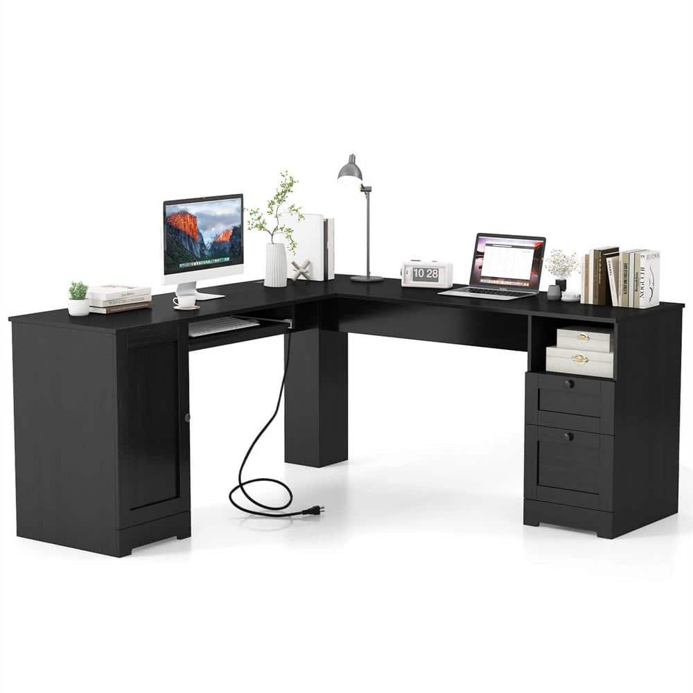 Costway 66 in. L-Shaped Black Corner Computer Desk Writing Table Study ...