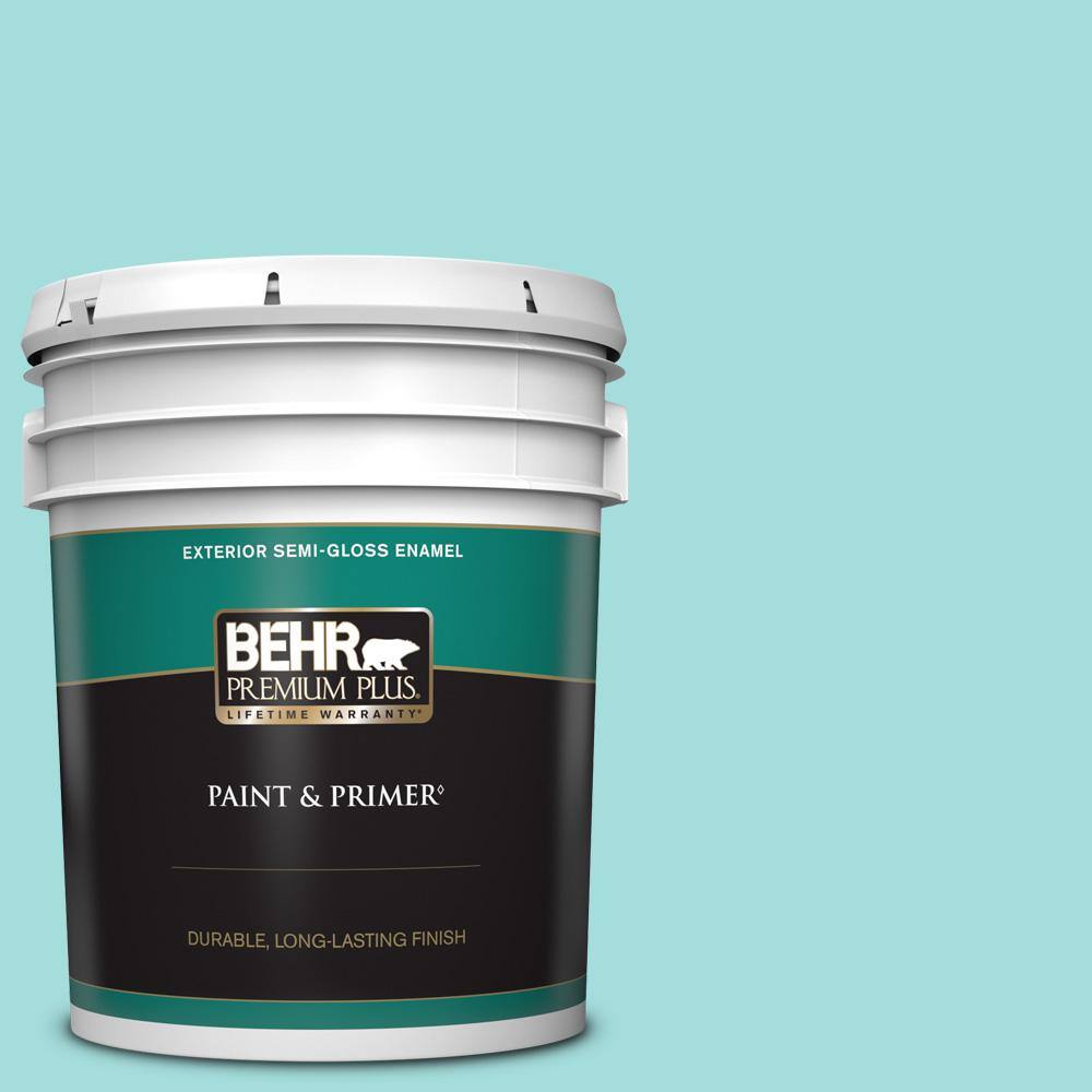 BEHR PREMIUM PLUS 5 gal. #500A-3 Aqua Spray Semi-Gloss Enamel Exterior ...