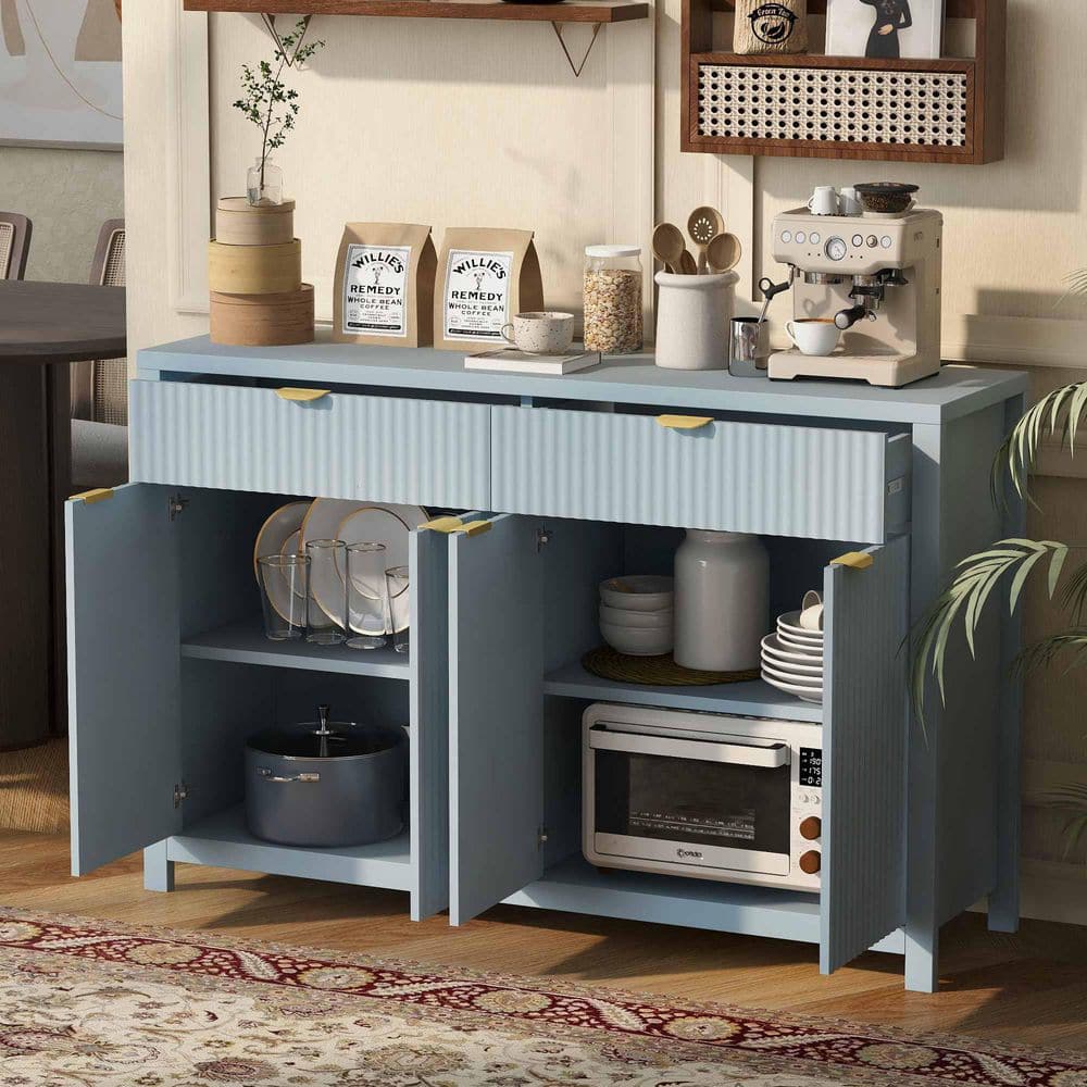 Polibi Cyan Wood 55.1 in. Sideboards with 2 Drawers and 4 Doors, 3 ...