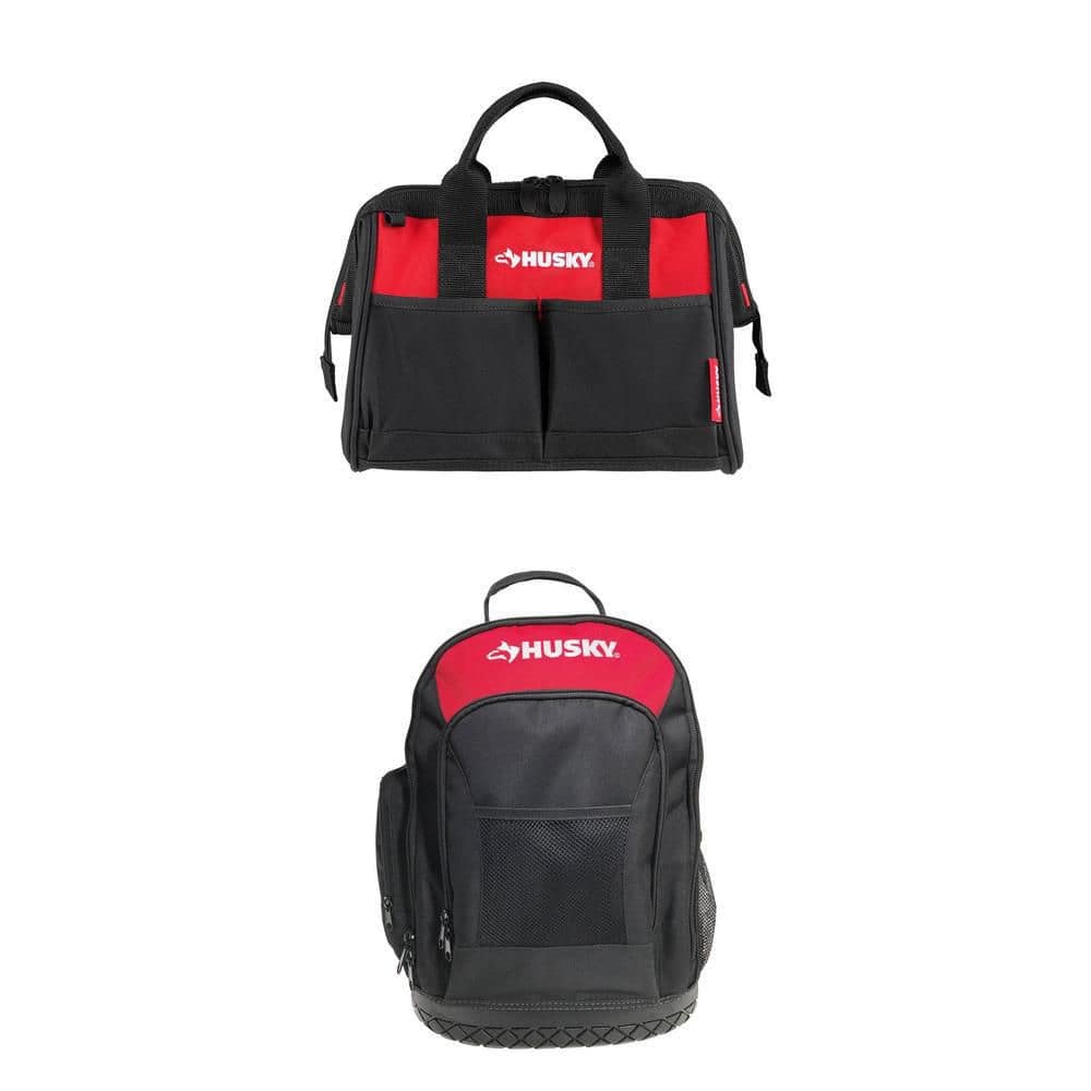 Husky 12 in. 4 Pocket Zippered Tool Bag and 16 in. Tool Backpack Combo ...