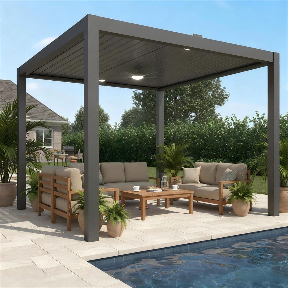 Mondawe 10 ft. x 14 ft. Dark Gray Aluminum Outdoor Solar-Powered ...