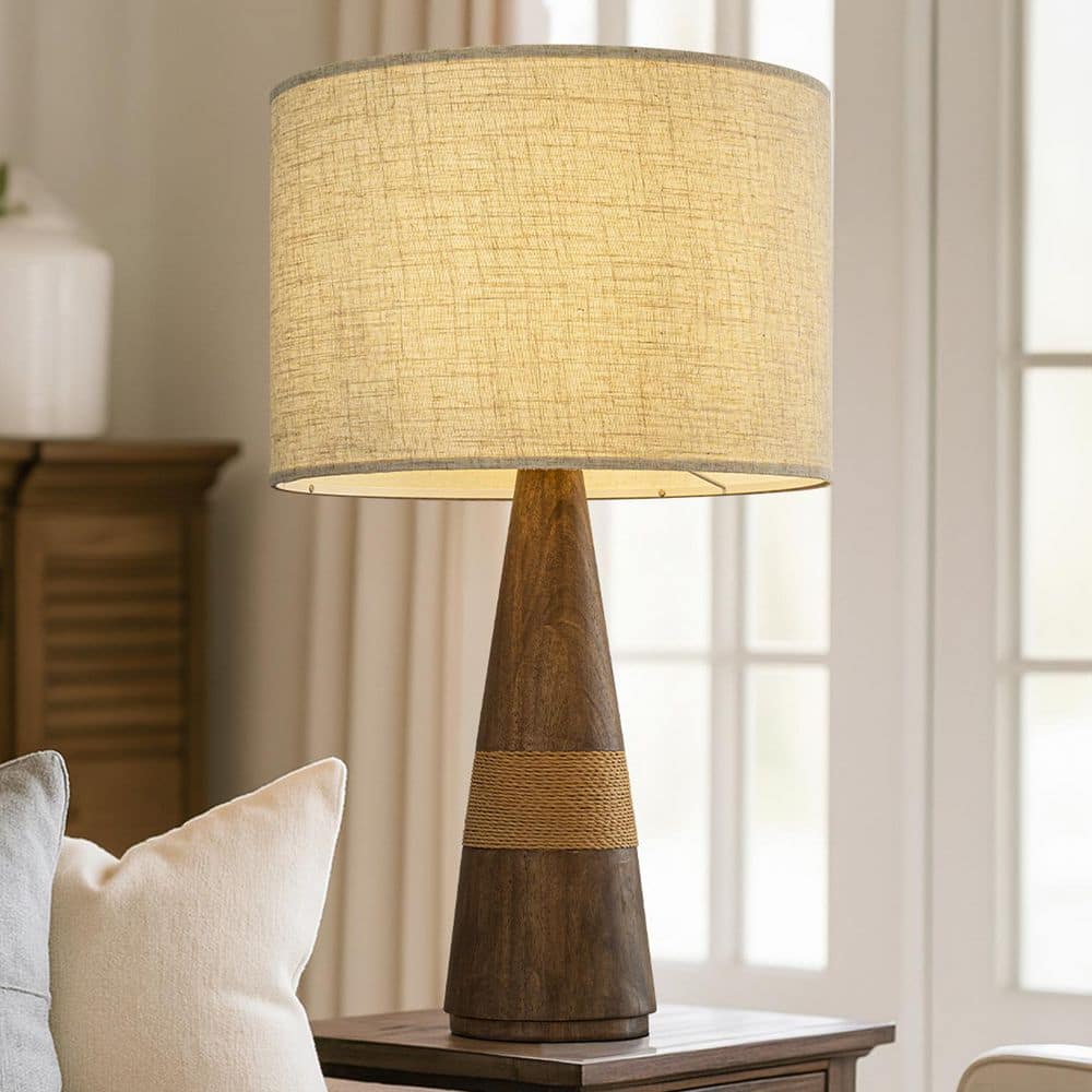 ALOA DECOR 28 in. Farmhouse Large Honey Brown Wood Bedside Table Lamp ...
