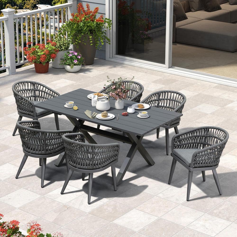 PURPLE LEAF 7-Piece Aluminum All-Weather PE Rattan Rectangular Outdoor ...
