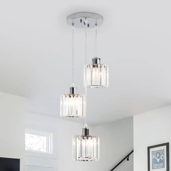 ETONIMERR Ciel 3-Light Chrome Crystal Pendant Light with Glass Shade ...