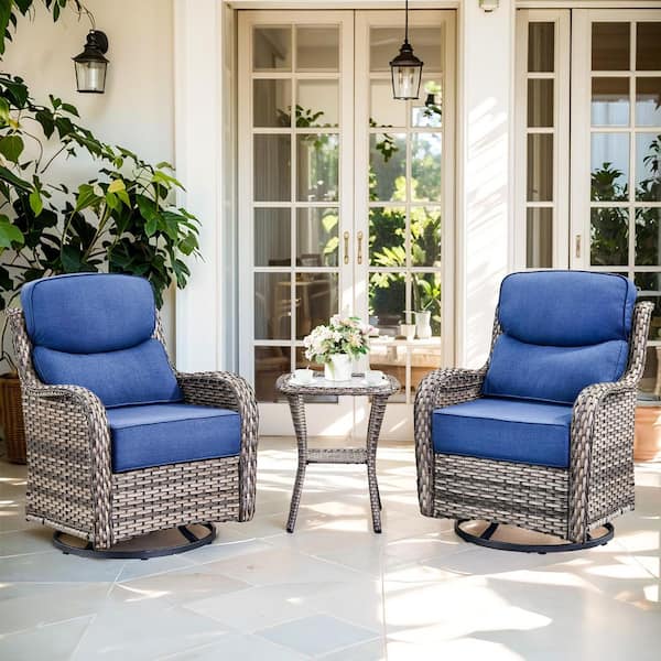 Bellefurn NovaSwivel 3-Piece Gray PE Wicker Paito Conversation Set with 6 in. Thick Olefin Blue ...