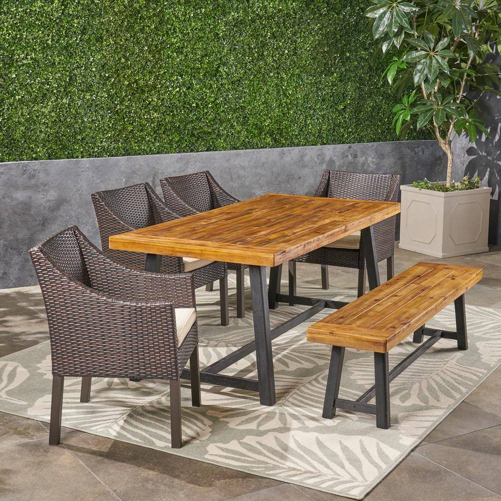 Noble House Calero Sandblast Teak Brown 6-Piece Wood and Multi-Brown ...