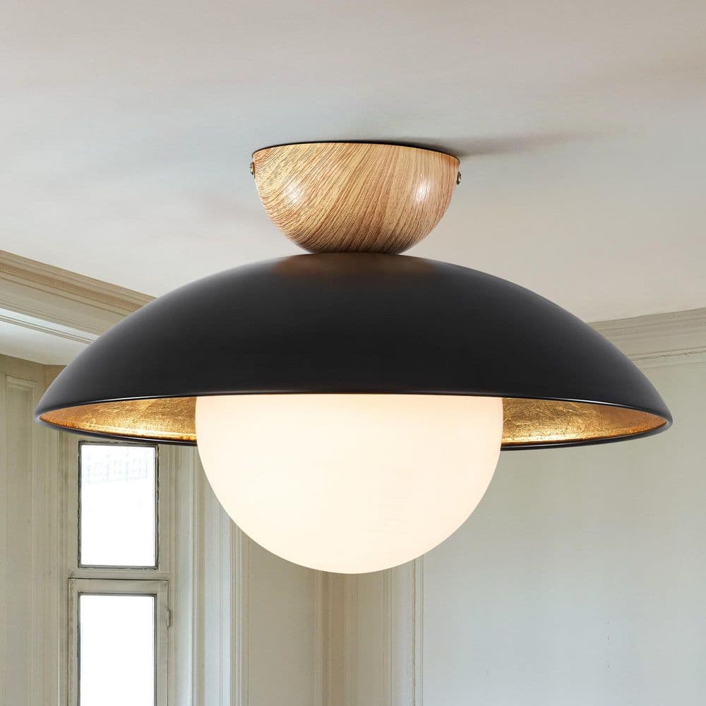 RRTYO Mia 14.5 in. 1-Light Modern Black Dome Gold Leaf Semi-Flush Mount ...