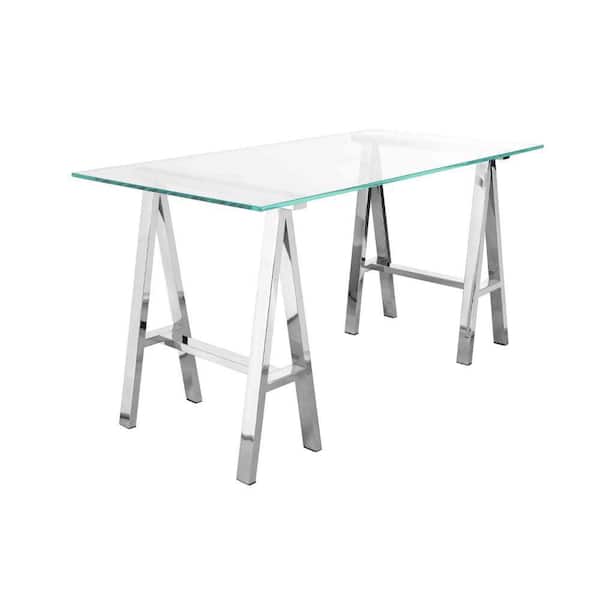 Benjara Ayd 71 in. Rectangular Clear Tempered Glass Top Writing Desk ...