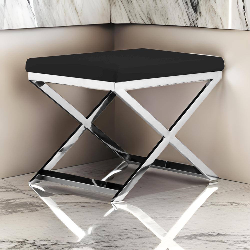 Benjara 20 in. Black and Chrome Low Back Metal Accent Stool with Faux ...