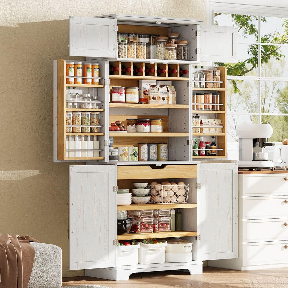 Polibi White MDF Wood 31.5 in. x 78.2 in. Pantry Cabinet with 8 Door ...