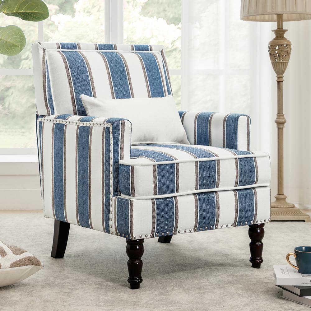 LUE BONA 35 in. Blue White Stripes Fabric Classic Accent Chair Solid ...