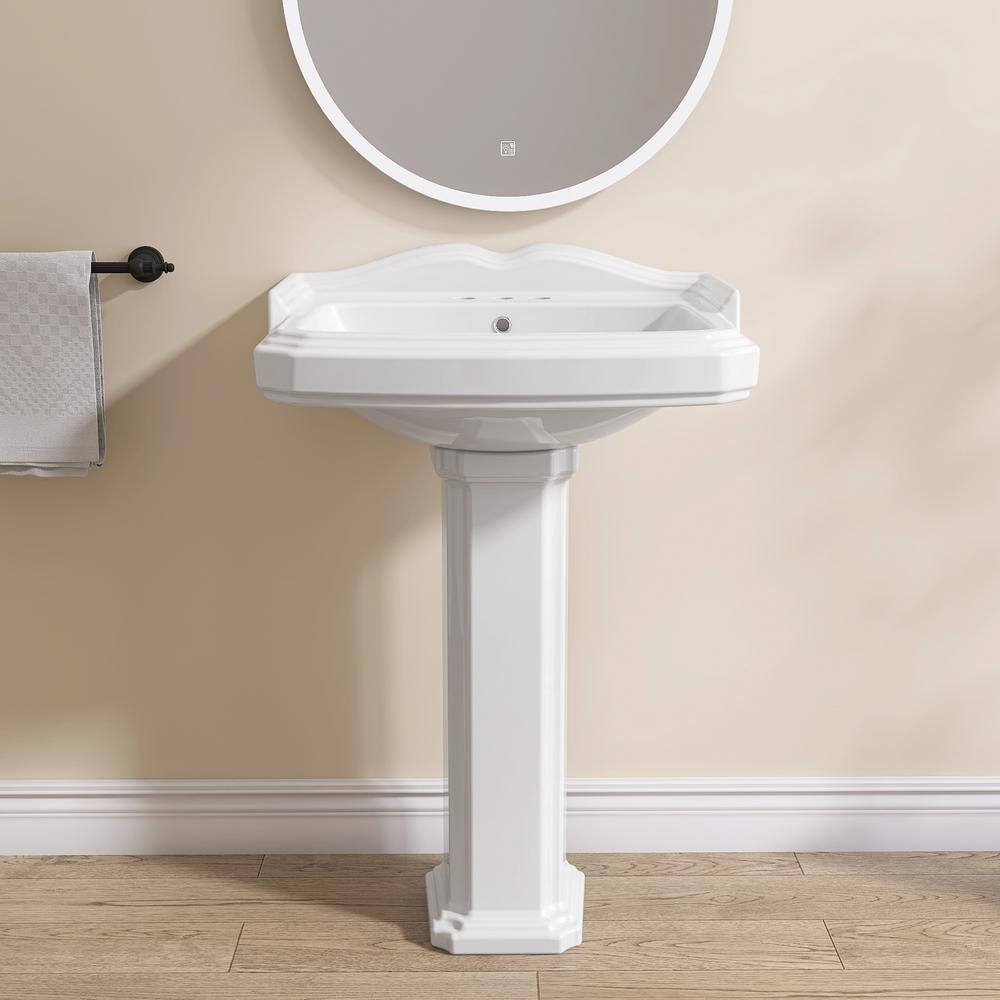 NTQ Modern Glossy White Ceramic Rectangular Vessel Sink with Predrilled Holes, Overflow Pedestal ...
