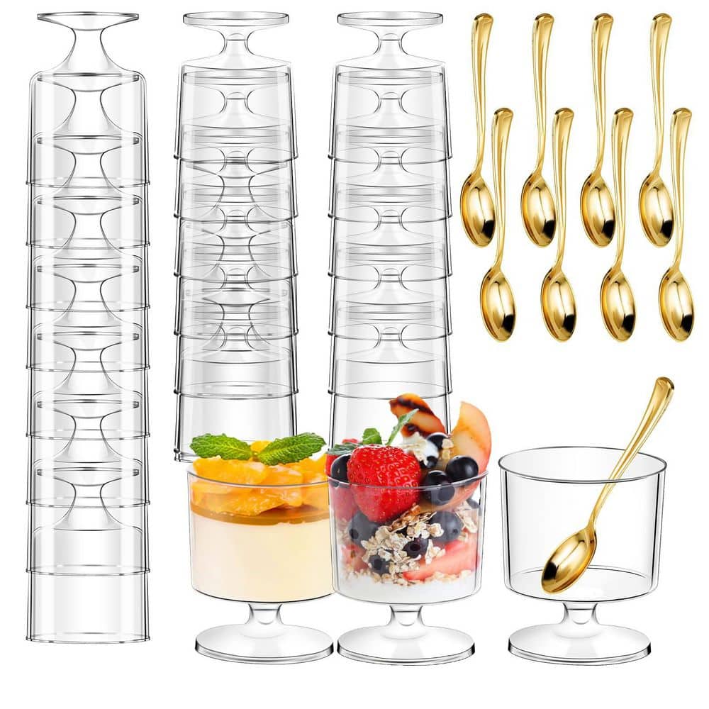 Wudkey 5 fl. oz. Clear Plastic Round Goblet Dessert Cups with Spoons ...
