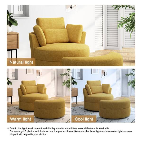 Uixe Mustard Yellow Chenille Upholstered Swivel Accent Barrel Chair with Storage Ottoman and Pillows Set of 1 FOP CH0044 QMY
