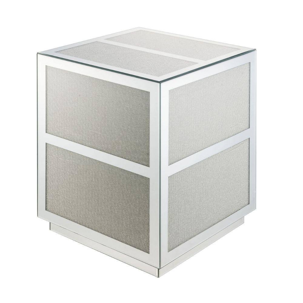 Benjara 18 in. Silver Square Glass End Table with Diamon Inlays ...