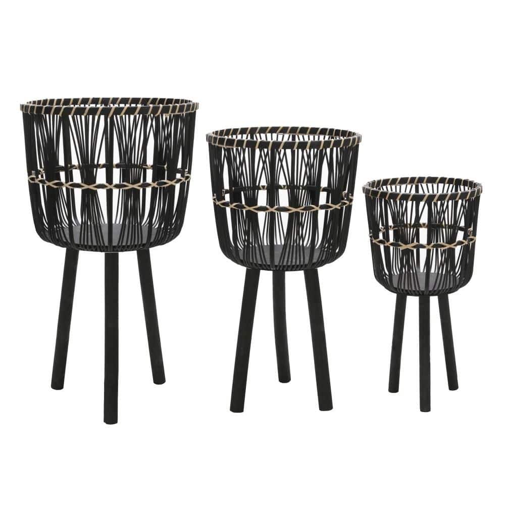 Liv & Skye 15 in., 13 in., and 11 in. Black Wood Round Planter on Stand ...