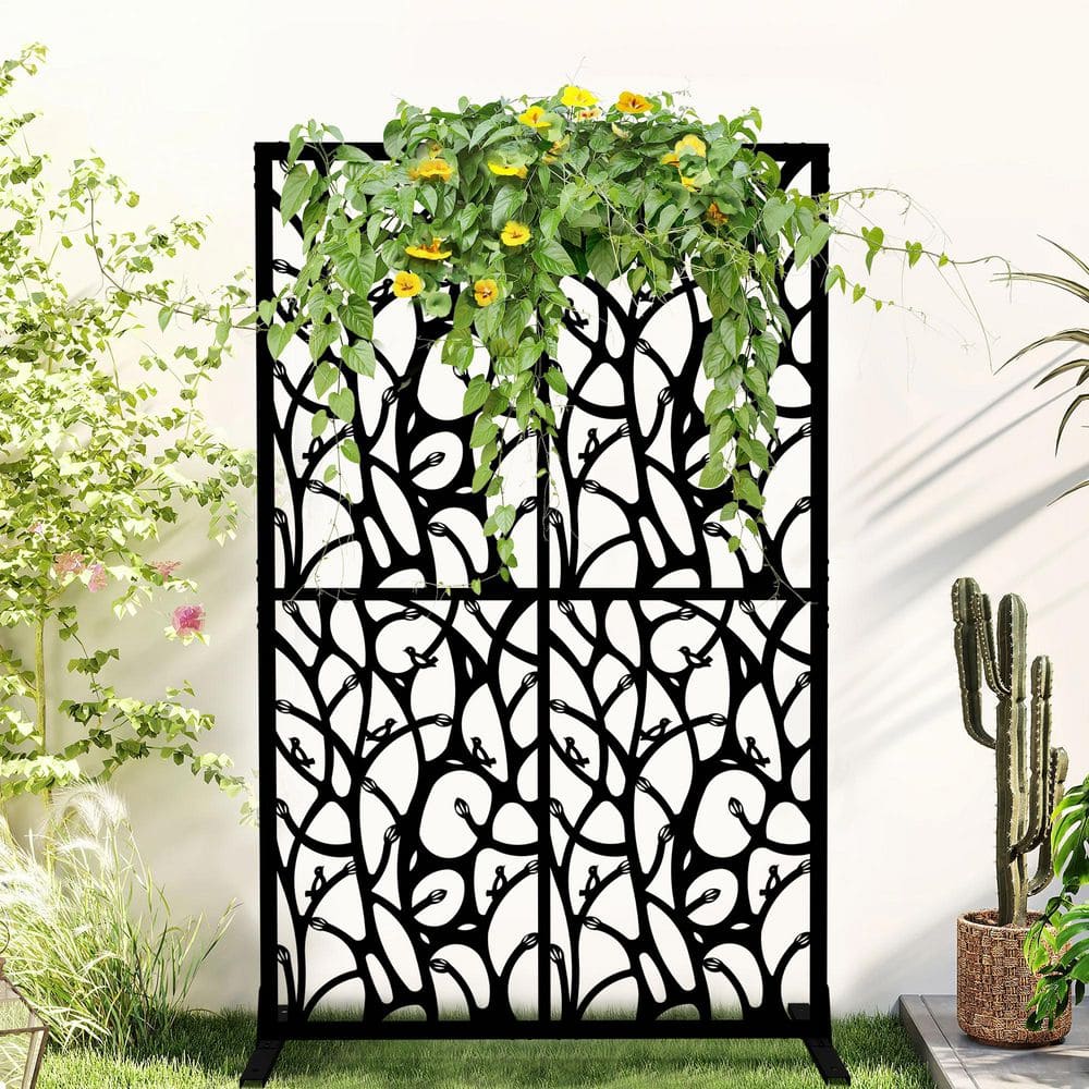 Seafuloy 72 in. Black Iron Privacy Screen, Freestanding Bird Design for ...