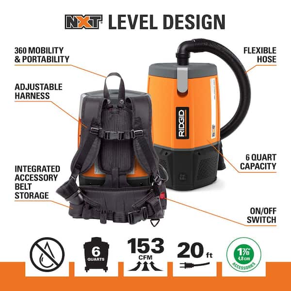 RIDGID 6 Qt. (1.5 Gal.) NXT Backpack Vacuum Cleaner with Filters and ...