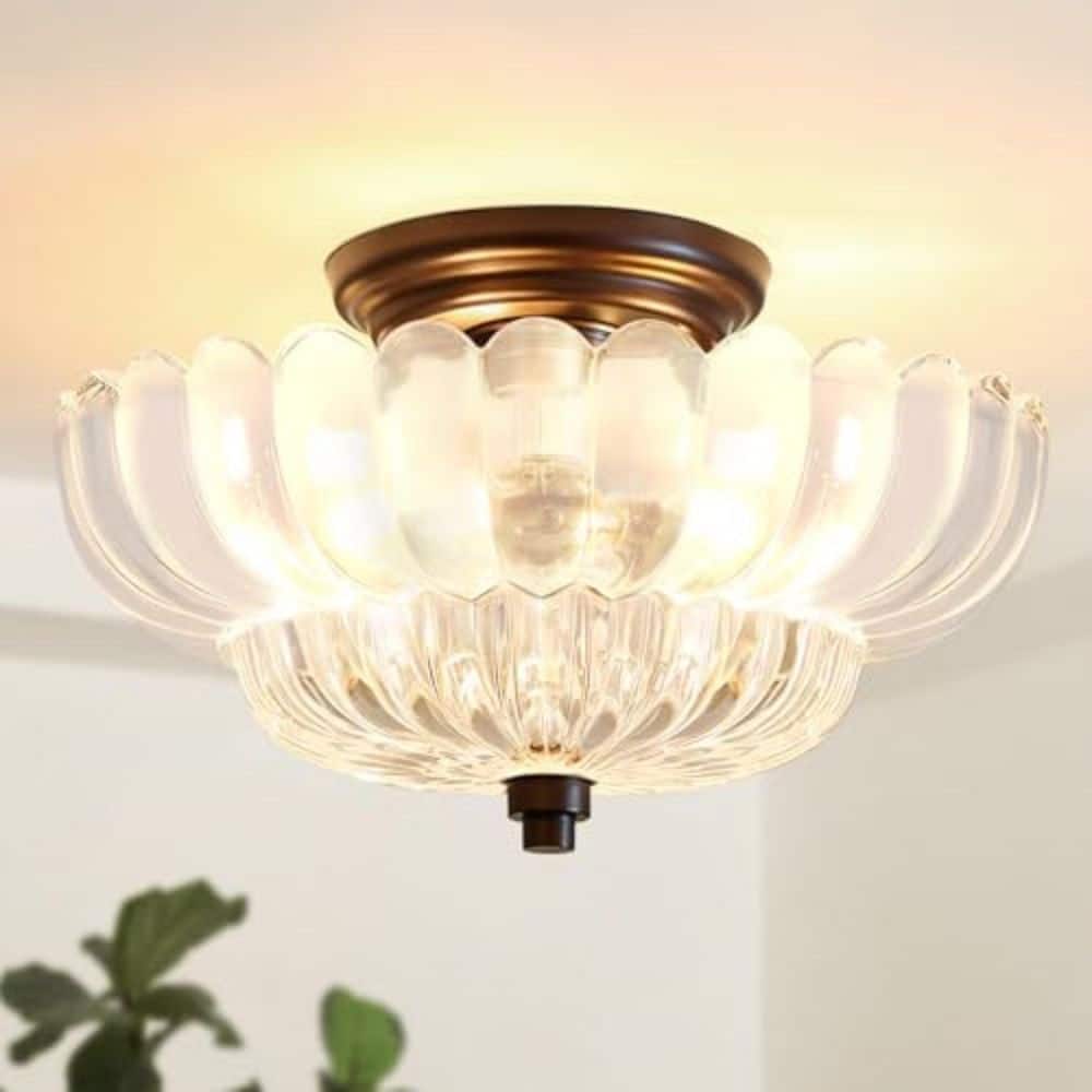 BeamBox 12 in. Black Round Flush Mount 3-Light Ceiling Light with Clear ...