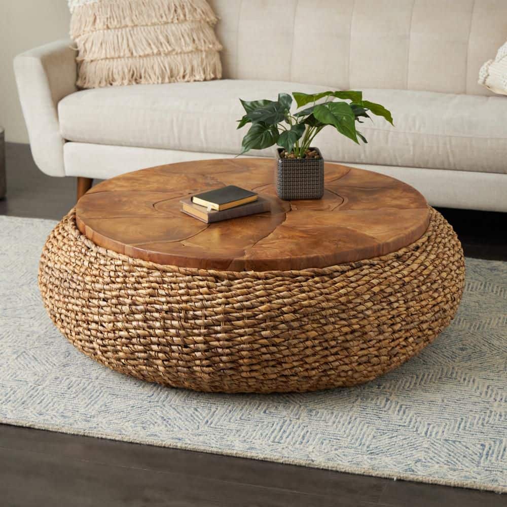 Litton Lane 47 in. Brown Round Rattan and Teak Wood Coffee Table 047964 ...