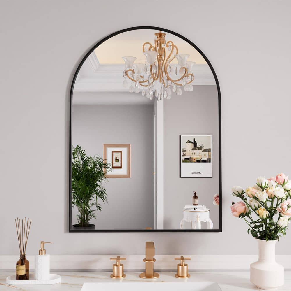 Spigel Modern 22 in. W x 30 in. H Arched Black Metal Framed Wall Mirror ...