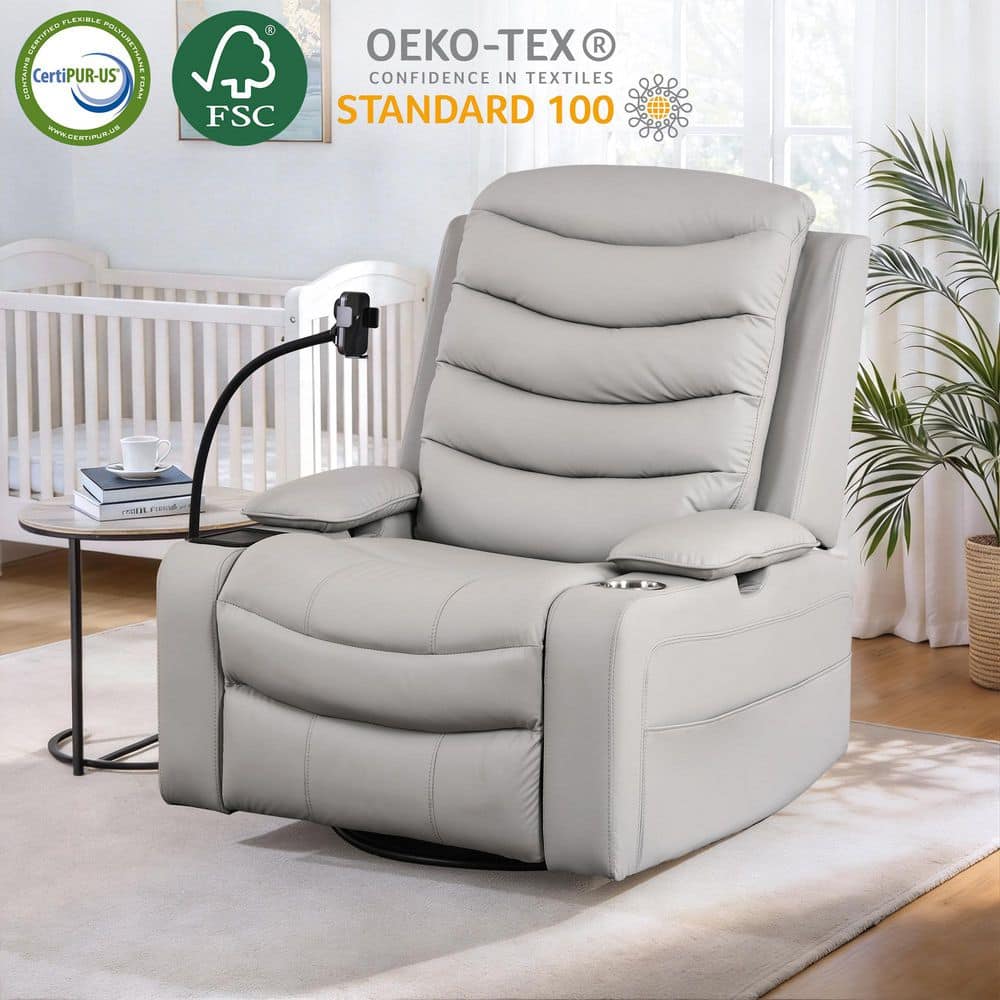 Seafuloy 28 in. Grey PU Leather Power Swivel Recliner Chair with Heat ...
