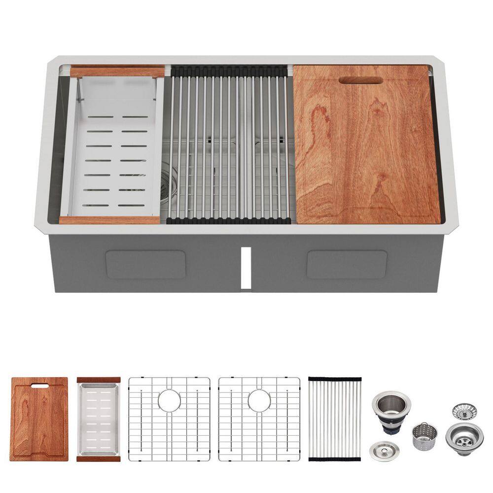 Sarlai 33 in. Undermount 50/50 Double Bowl 16 Gauge Stainless Steel Low ...