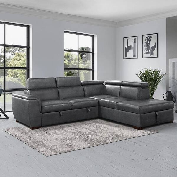 Grey leather sectional sofa with chaise store