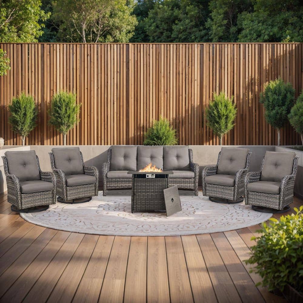 moosprr Arcline 6-Piece Gray Wicker Fire Pit Conversation Set with ...