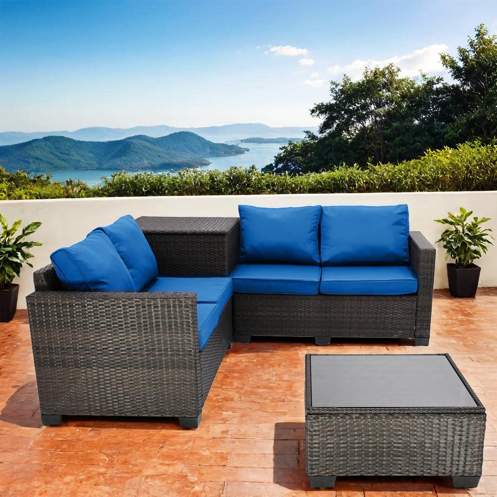 fiziti 4-Piece Patio Wicker Sectional Sofa Set with Dusty Blue Cushions ...