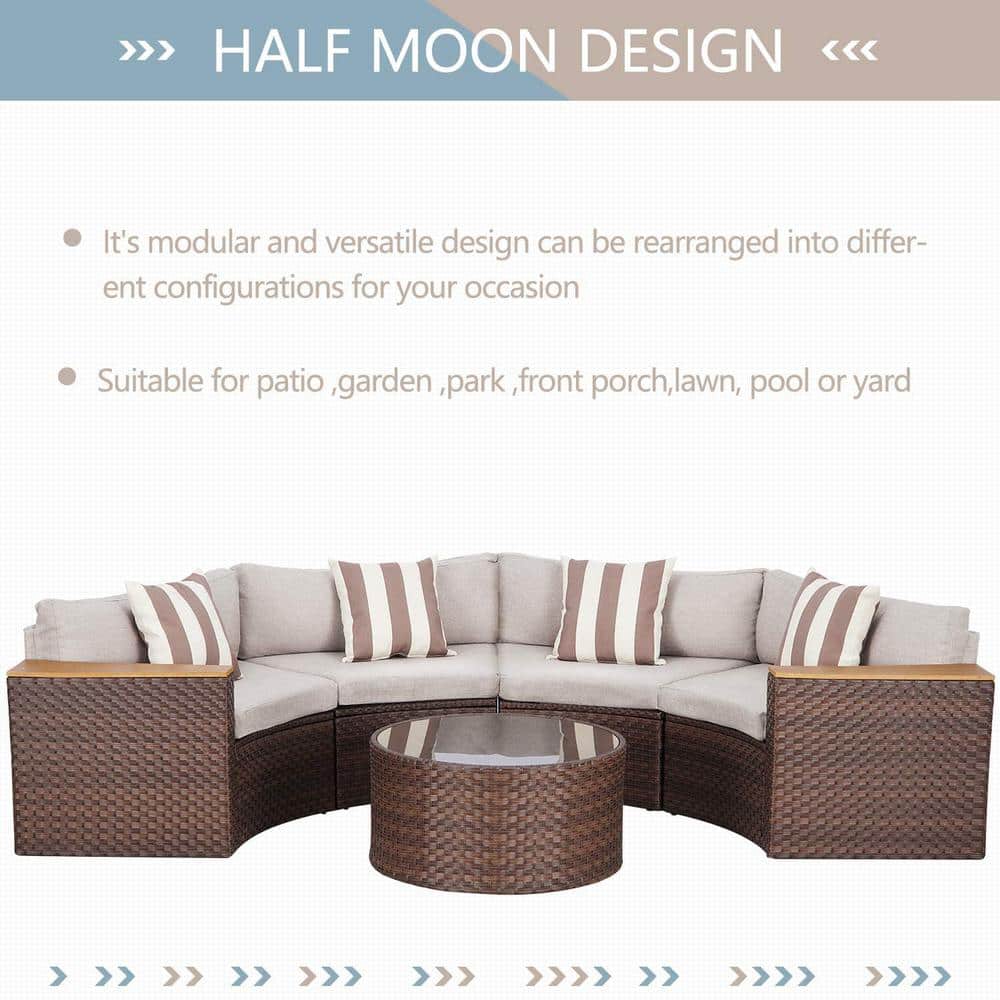 Buy 5-Piece Wicker Outdoor Half-Moon Sectional Sofa Set with Brown ...